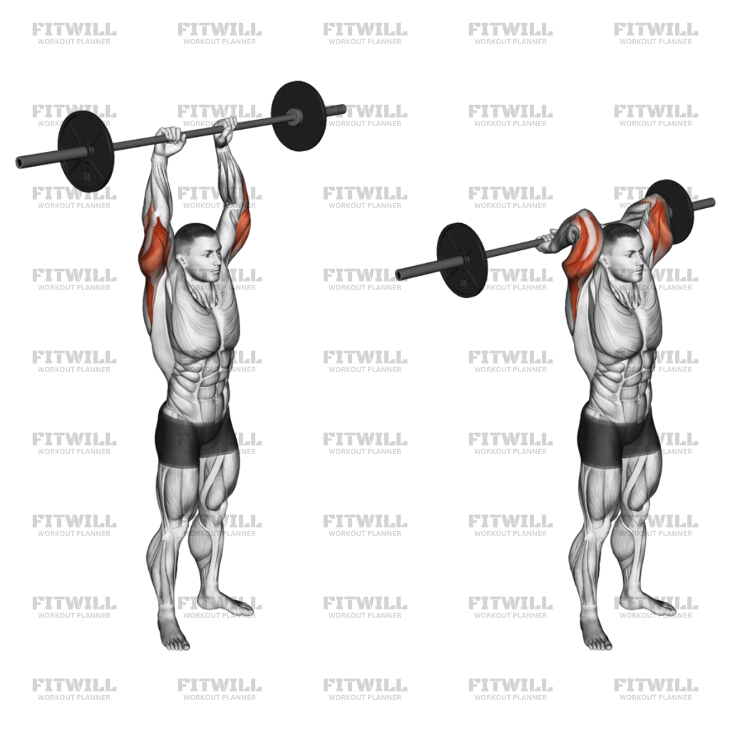 Barbell Standing Overhead Triceps Extension: Exercise Guide, Techniques ...