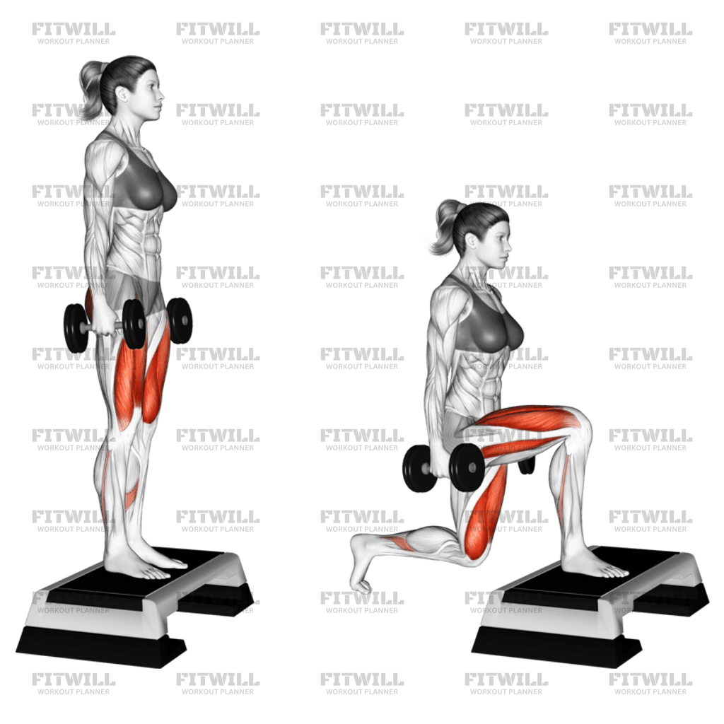 Dumbbell Rear Lunge From Step: Exercise Guide, Video, Techniques, Benefits, How to, Muscles ...